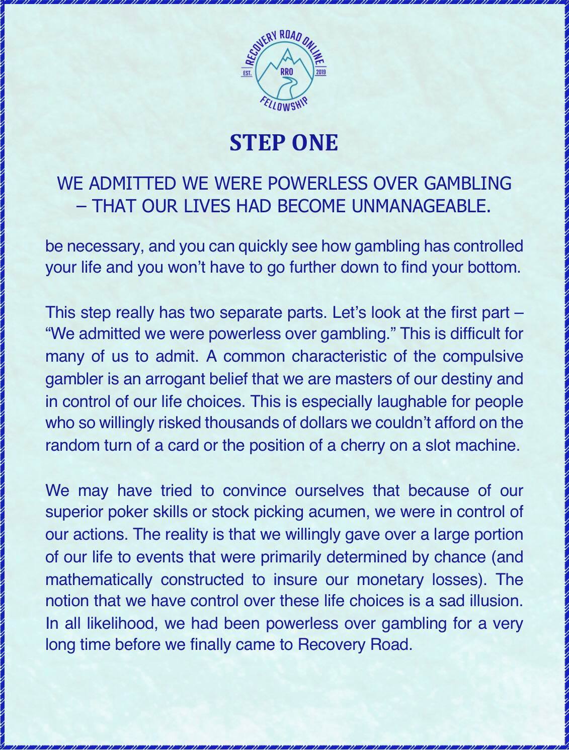 Step "One" Recovery Road Online %%Recovery Road Online%%