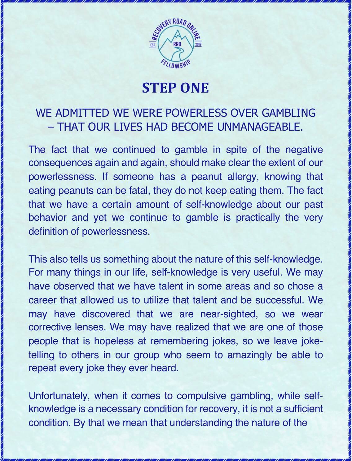 Step "One" Recovery Road Online %%Recovery Road Online%%