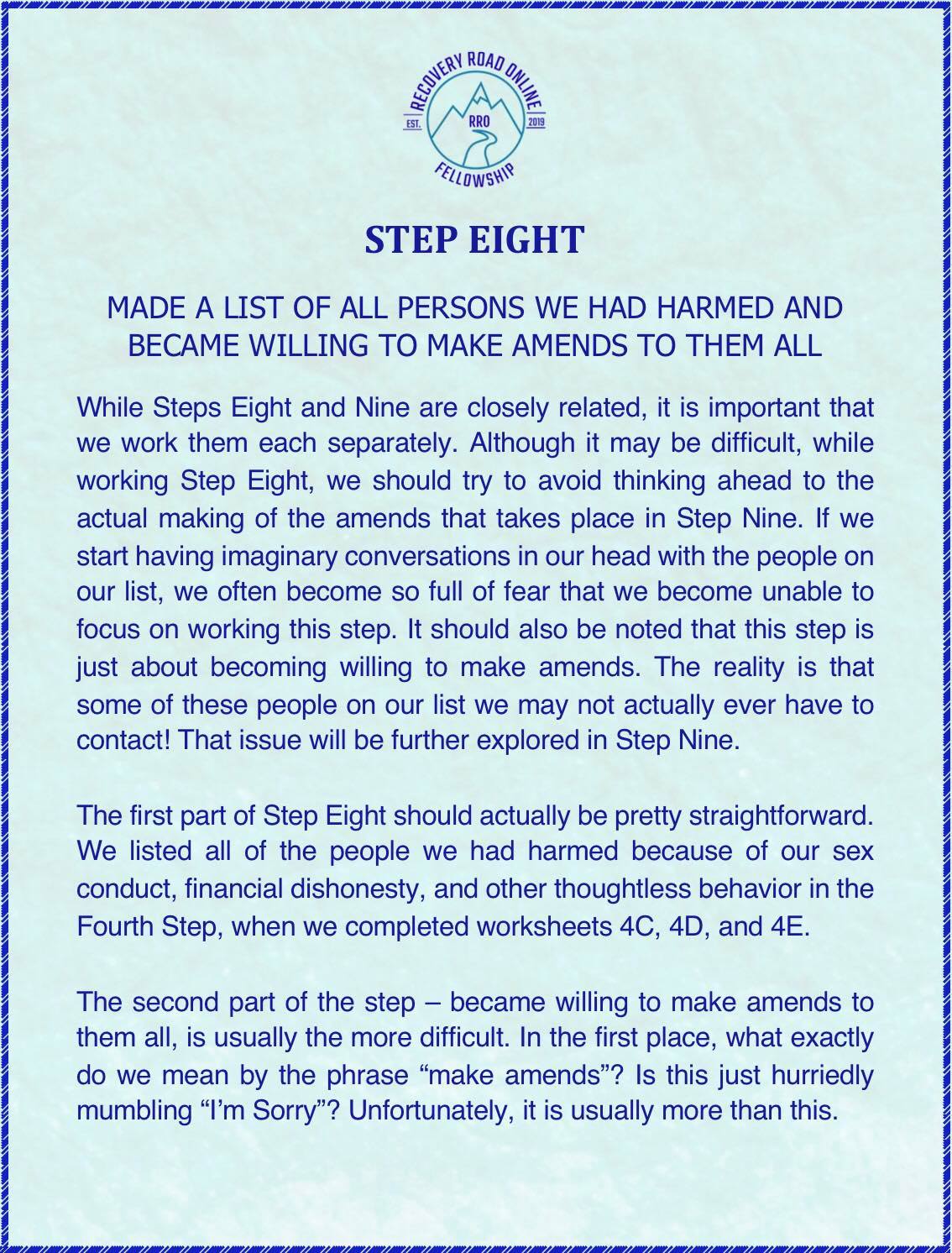 Step "Eight" %%Recovery Road Online%% Recovery Road Online